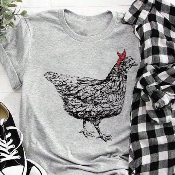 Tops | Gray Graphic Tee With Chicken Design | Poshmark